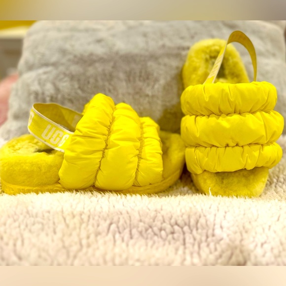 UGG | Shoes | Ugg Yellow Fuzz And Material Sandals With Elastic Back ...